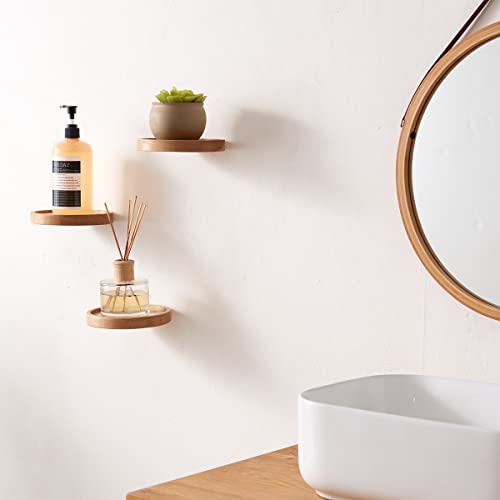 Round Floating Shelves, 3 Pack Solid Oak Deep Floating Shelves for Wall 6'' Diameter Circle Small Plant Shelves Wall decorfor Bedroom, Living Room, Kitchen