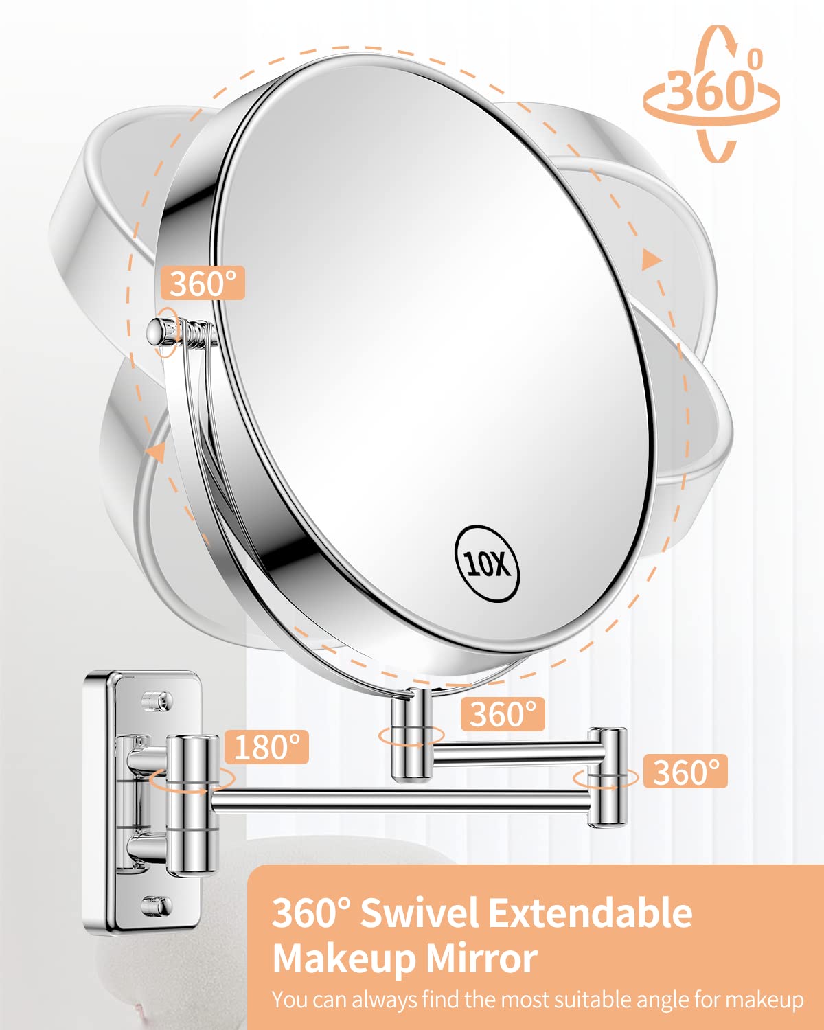 Gospire 9" Large Size Wall Mount Makeup Mirror with 1X/10X Magnification Double-Sided 360° Swivel Vanity Mirror,Chrome Polished Extendable Shaving Bathroom Wall Cosmetic Mirror for Men and Women
