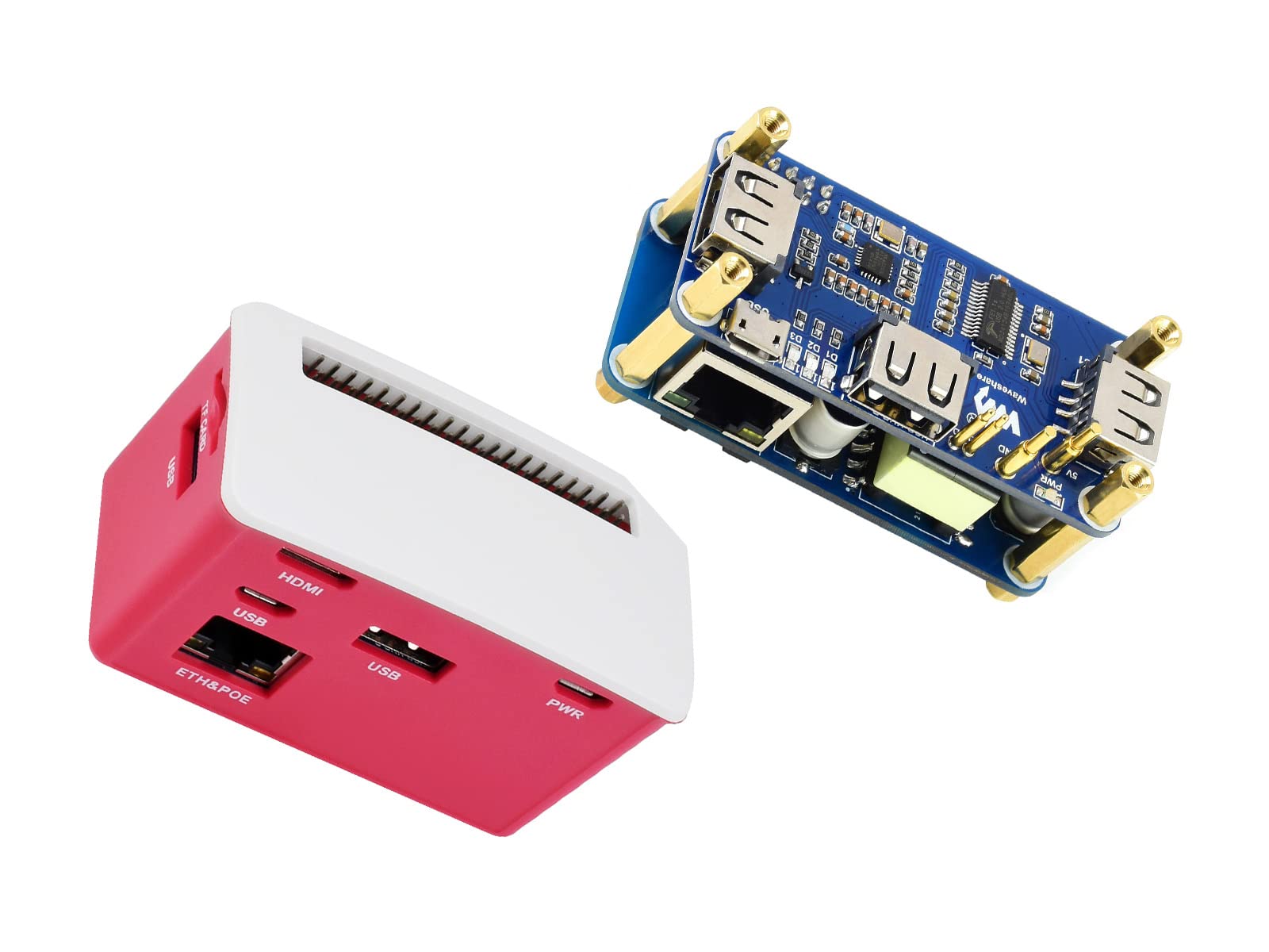 waveshare PoE Ethernet USB HUB HAT with Box ABX Case for Raspberry Pi Zero/Zero W/2 W/Zero WH/2 WH, with 1 RJ45 10/100M Ethernet Port, 3 USB Ports Compatible with USB2.0/1.1,802.3af-Compliant