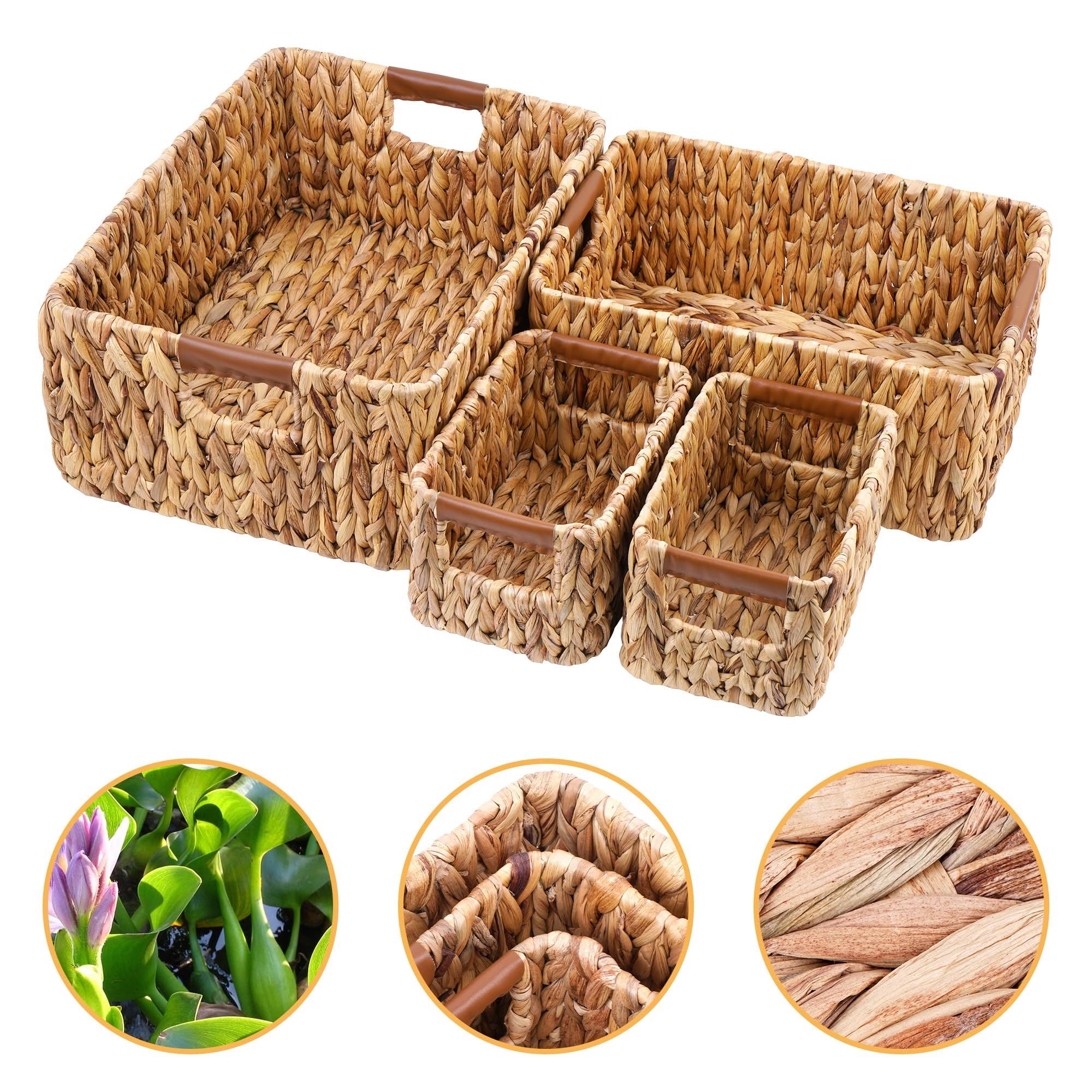 ZCHLPTZUP Natural Water Hyacinth Wicker Baskets, 4PCS Set, Handwoven Oblong Storage Baskets with Handles, Farmhouse Style, Stackable, Brown