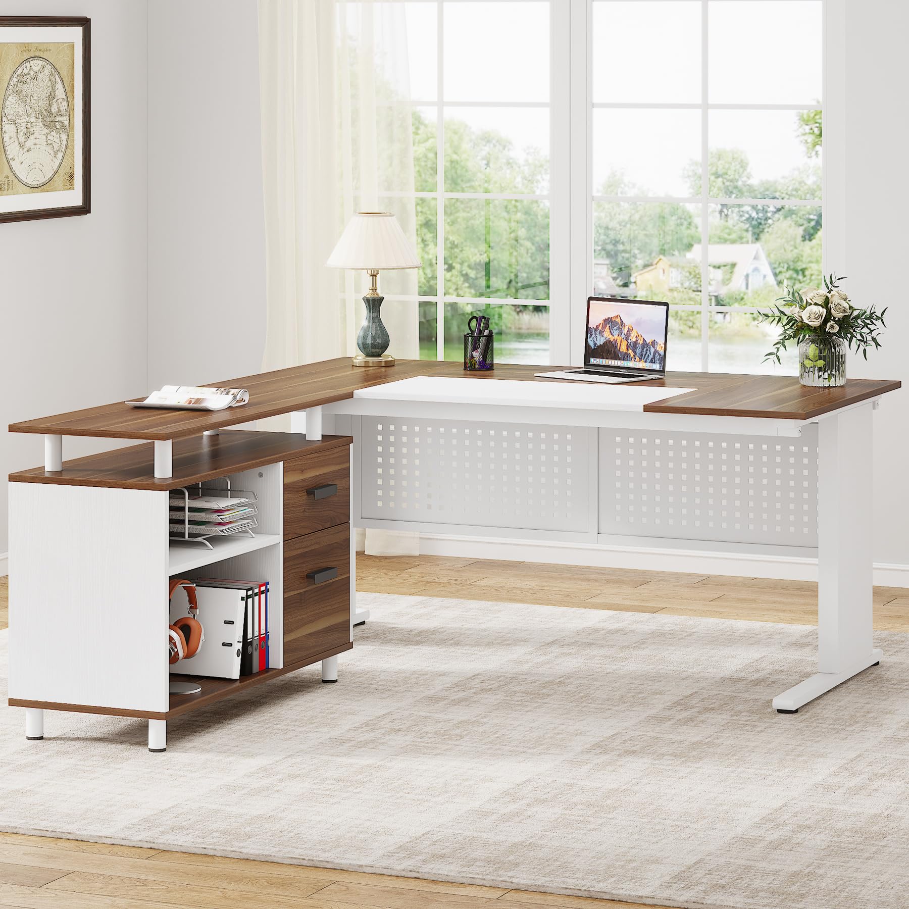 Tribesigns 63 Inch Executive Desk with File Cabinet, Large Office Desk L Shaped Computer Desk with Drawers and Storage Shelves, Business Furniture Desk Workstation for Home Office, White and Walnut