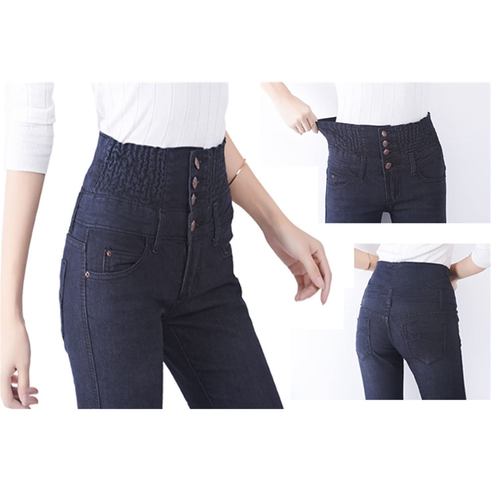 Maiyifu-GJ Women's High Waist Stretch Skinny Jeans Slim Fit 4 Button Denim Pants Solid Color Butt Lifting Jean Trouser (Black,32)