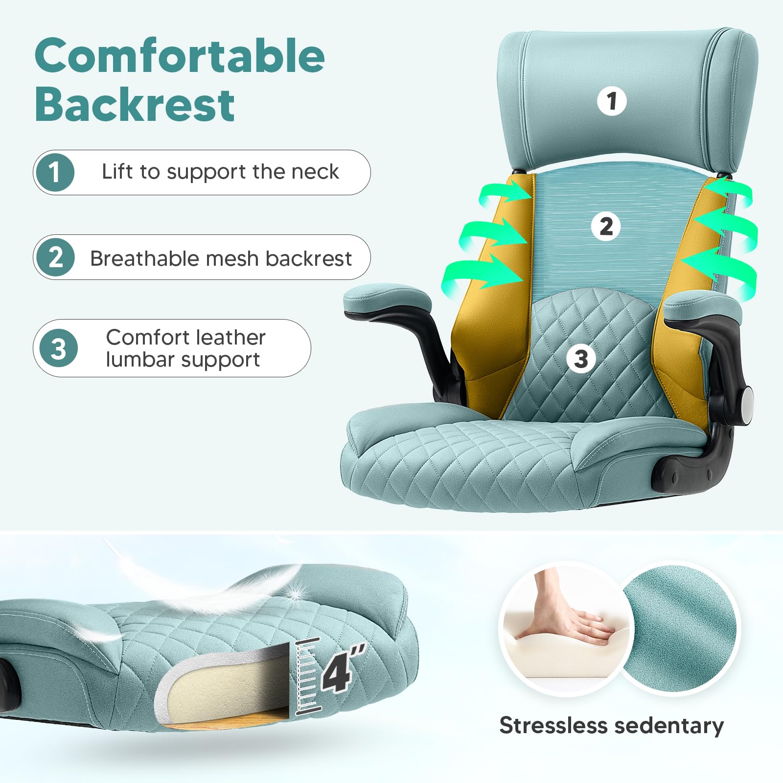 SEATZONE Home Office Desk Chairs with Wide Headrest, Rolling Desk Chair with Wheels and Flip-up Armrest, Computer Chairs Adjustable Backward Tilt, Teal Leathaire