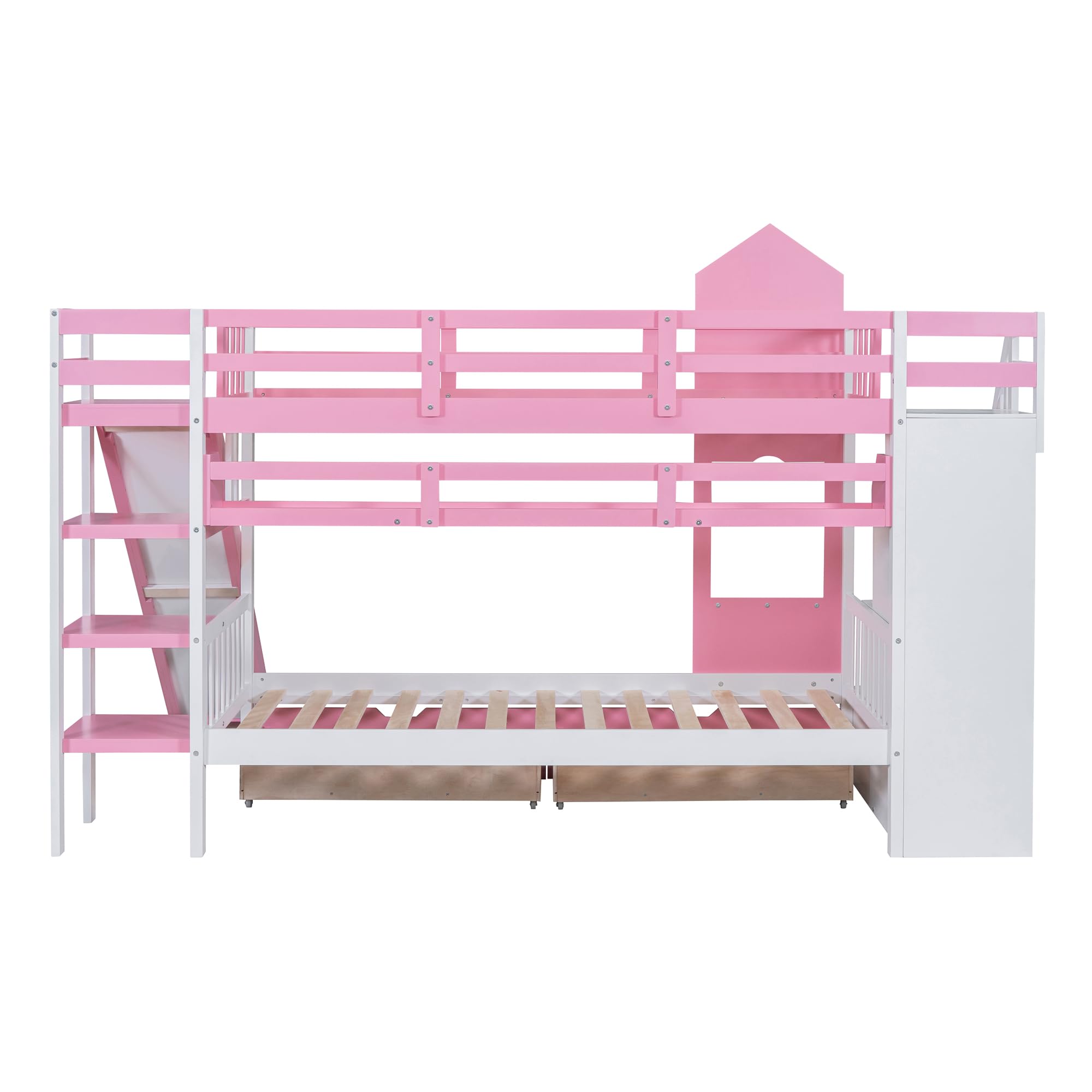 SOFTSEA Twin Over Twin Bunk Bed with Storage and Drawers for Kids Boys Girls Solid Wood Bunk Bed with Slide and Staircase