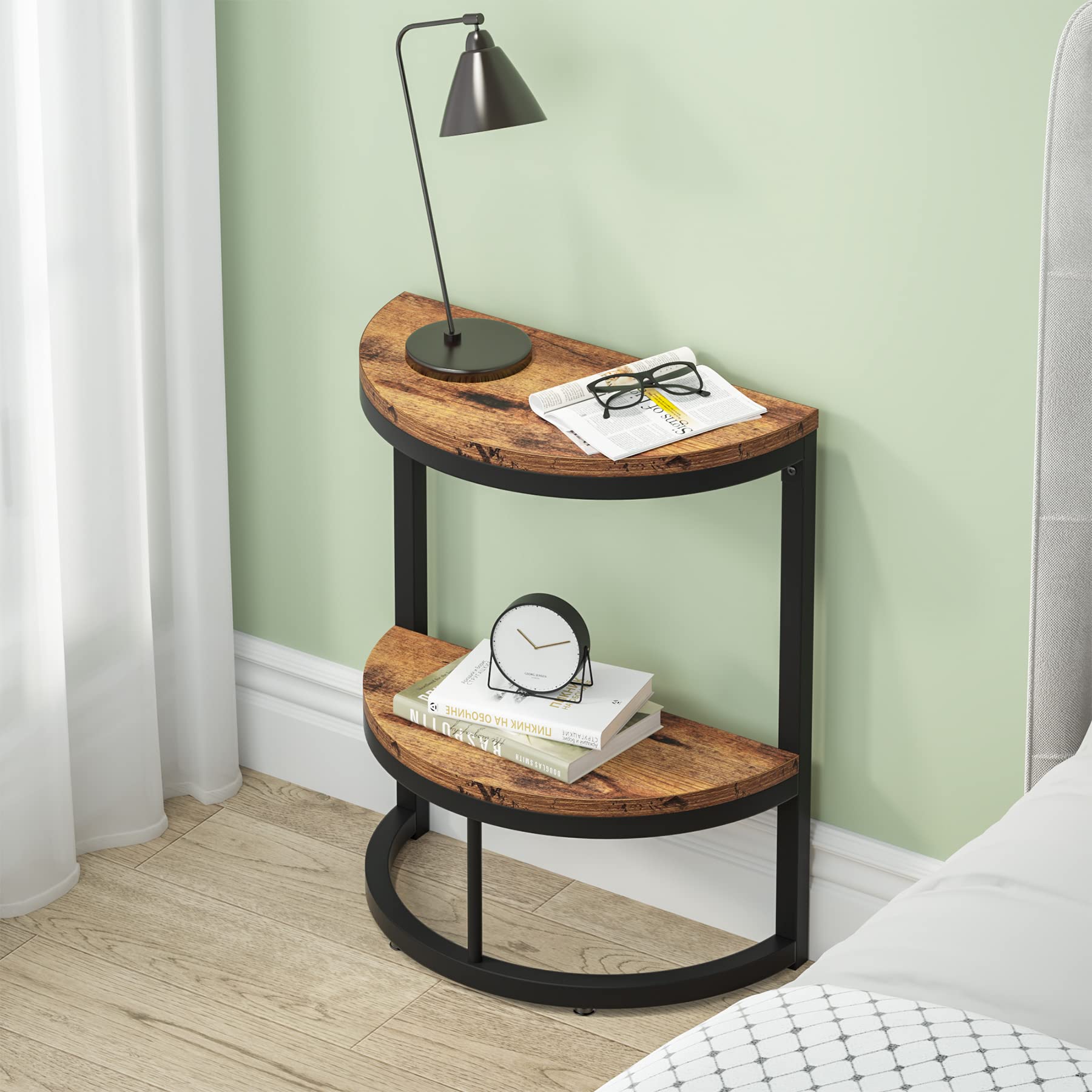 Tribesigns 2-Tier End Table Semi Circle, Small Half Round Side Table with Storage Shelf, Wood Accent Table Slim C Table for Sofa Couch, Living Room, Bedroom, Small Space, Easy Assembly, Rustic Brown