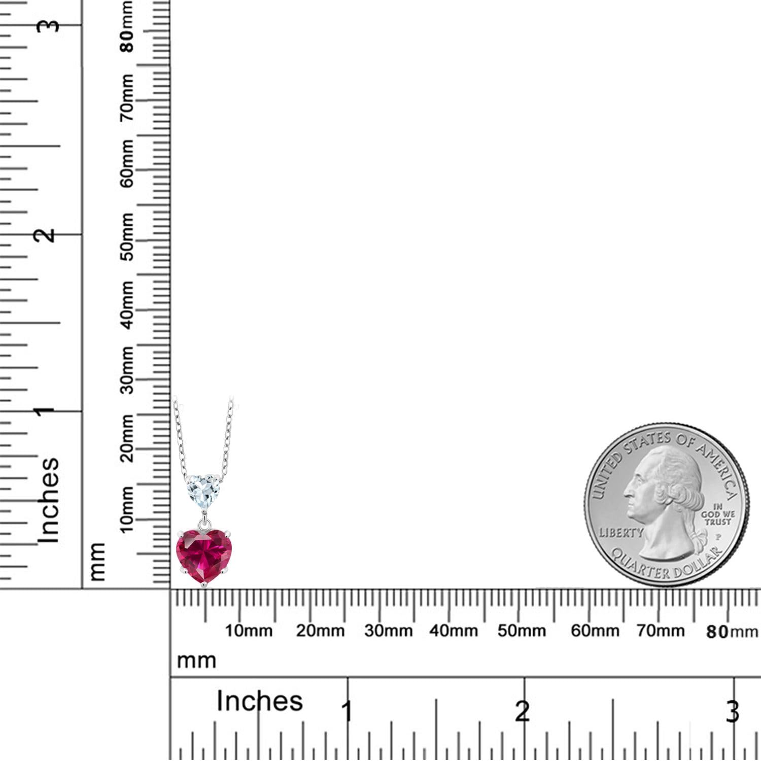 Gem Stone King 925 Sterling Silver Red Created Ruby and Sky Blue Aquamarine Double Heart Pendant Necklace for Women (2.12 Cttw, Heart 8MM and 5MM, with 18 Inch Silver Chain)