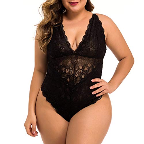 Qopobobo Sexy Lengerie for Women Naughty Women One Piece Deep V Lingerie Plus Size Lace Hollow Bodysuit Halter Sleepwear Black
