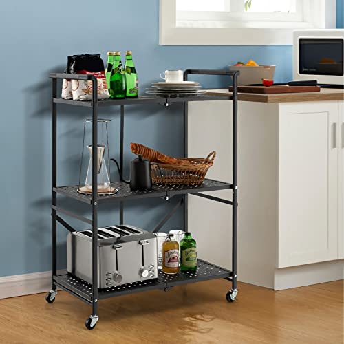 Tangkula 3-Tier Foldable Storage Shelves, Steel Storage Rack with 2 Handles, 4 Caster Wheels and Hook Buckle, Collapsible Utility Cart for Garage Kitchen, 3-Shelf Metal Shelving Units (1, Black)