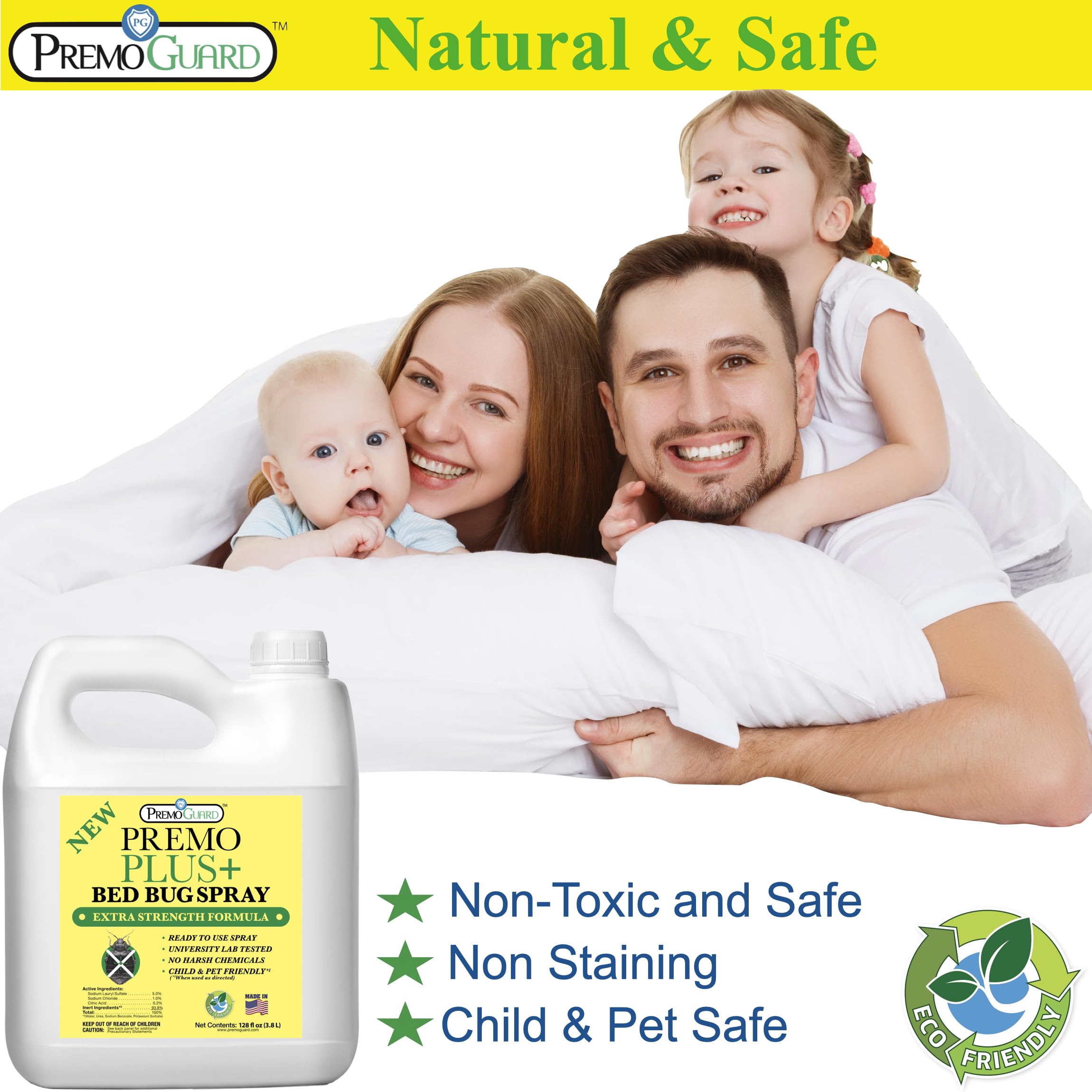 Premo Plus+ Bed Bug Spray Extra Strength – 128 oz – Fast Acting Bed Bug Treatment & Killer – Stain & Scent Free – Child & Pet Safe – Powerful New Stronger Formula – Natural with No Harmful Chemicals