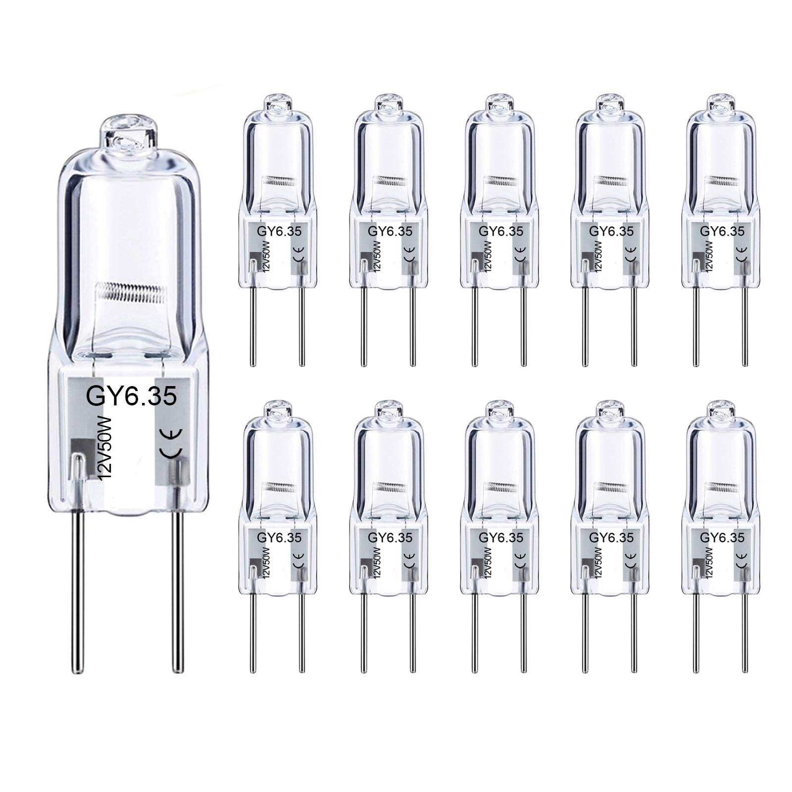 GY6.35 Halogen Bulb 50W Dimmable, Q50/CL/GY6/12V/T3/T4 JC Type GY6.35/G6.35 Bi-pin Base, AC/DC 12V, Warm White 2700K (10 Pack)