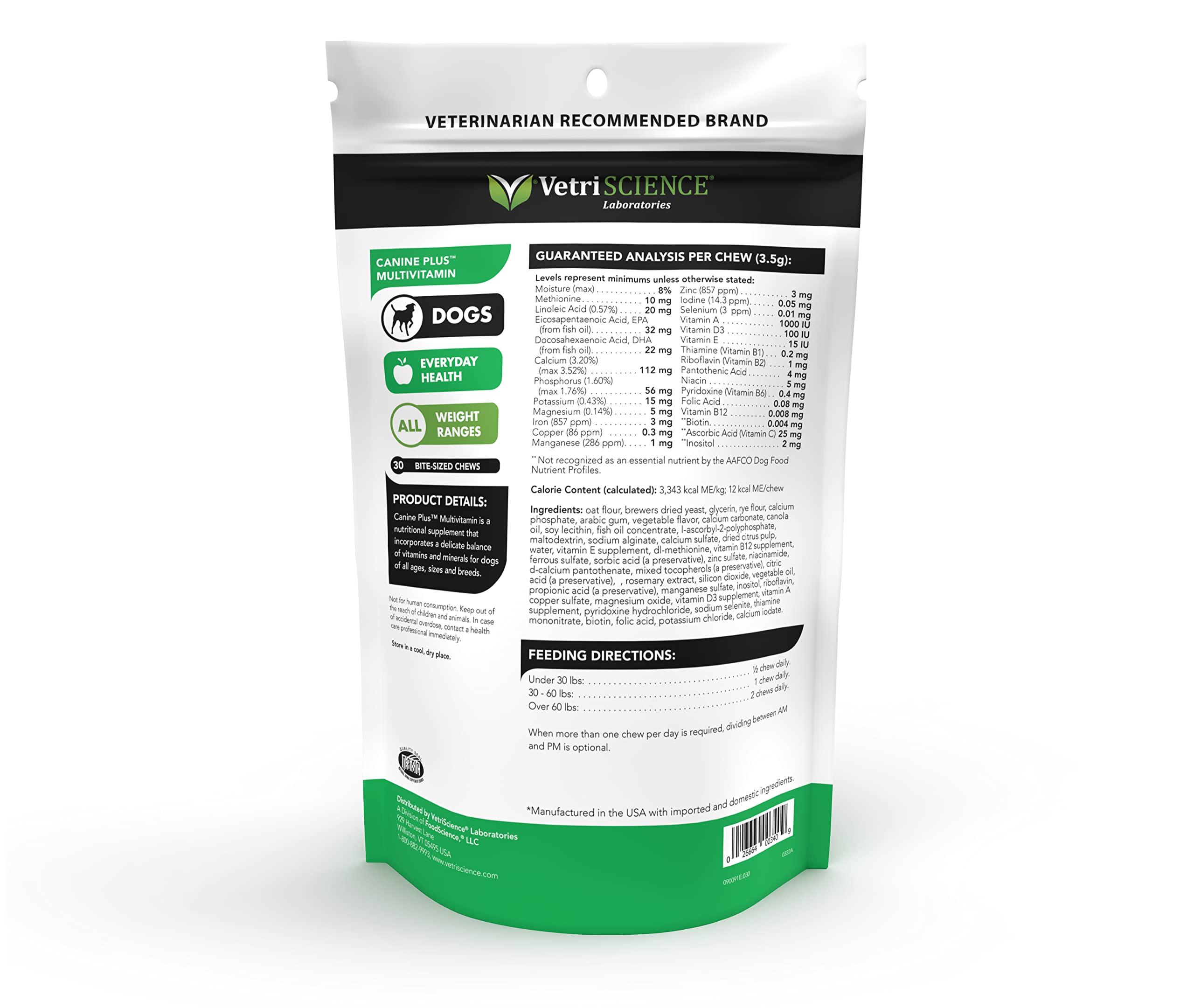 VETRISCIENCE Canine Plus MultiVitamin for Dogs - Vet Recommended Vitamin Supplement - Supports Mood, Skin, Coat, Liver Function,All Dogs,30 Chews