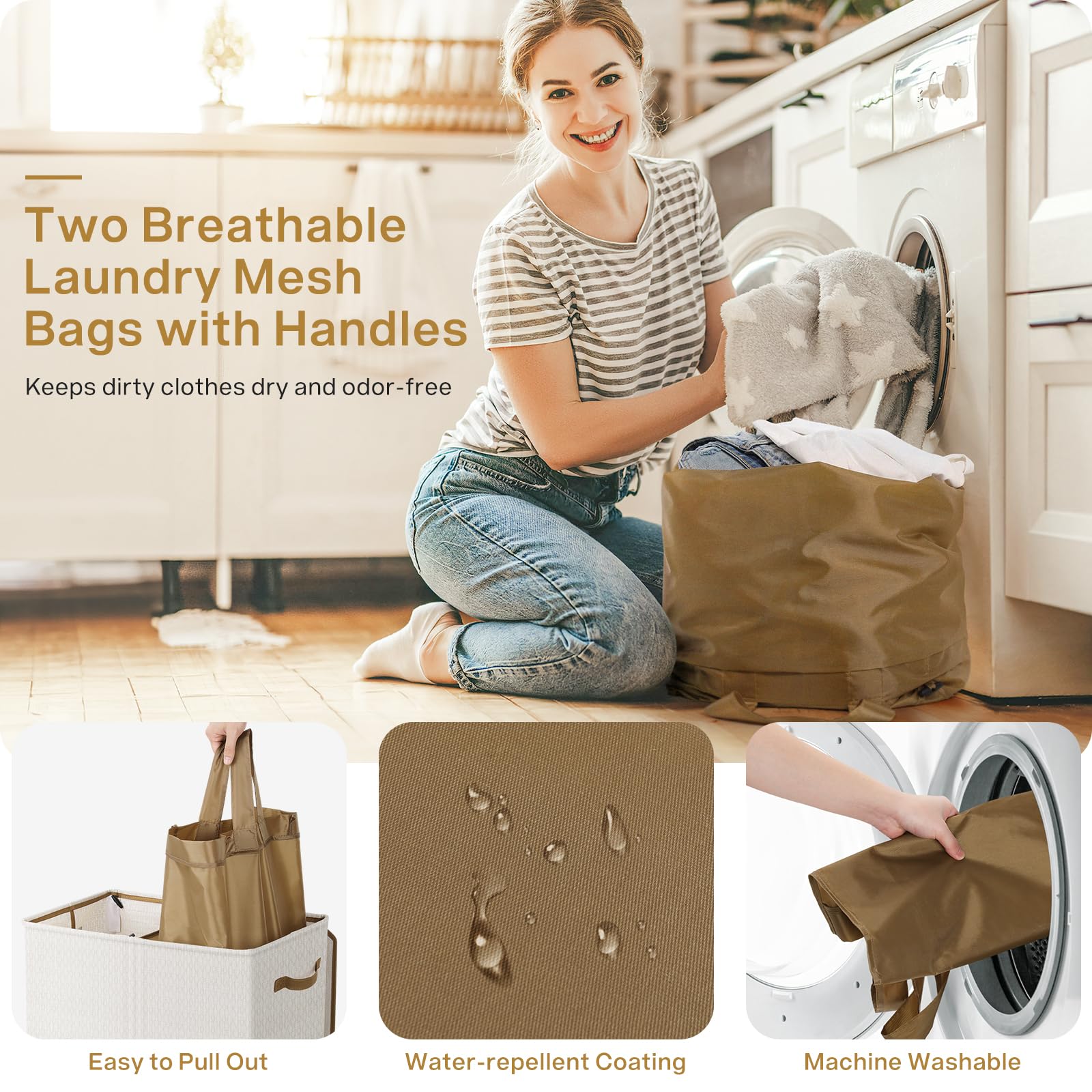 SOLEDI Double Laundry Hamper with Lid 34 Gal (130L) Water-resistant, High-tenacity Material Collapsible Laundry Basket with 2 Removable Liner Bags - Large laundry hamper 2 Section