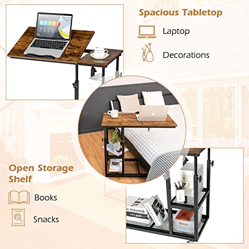 Tangkula Height Adjustable C Shaped End Table with Lockable Wheels, Mobile Couch Desk Table with Tiltable Table Top, Sofa Bedside Laptop Stand TV Tray with Storage Shelves, Snack Side Table