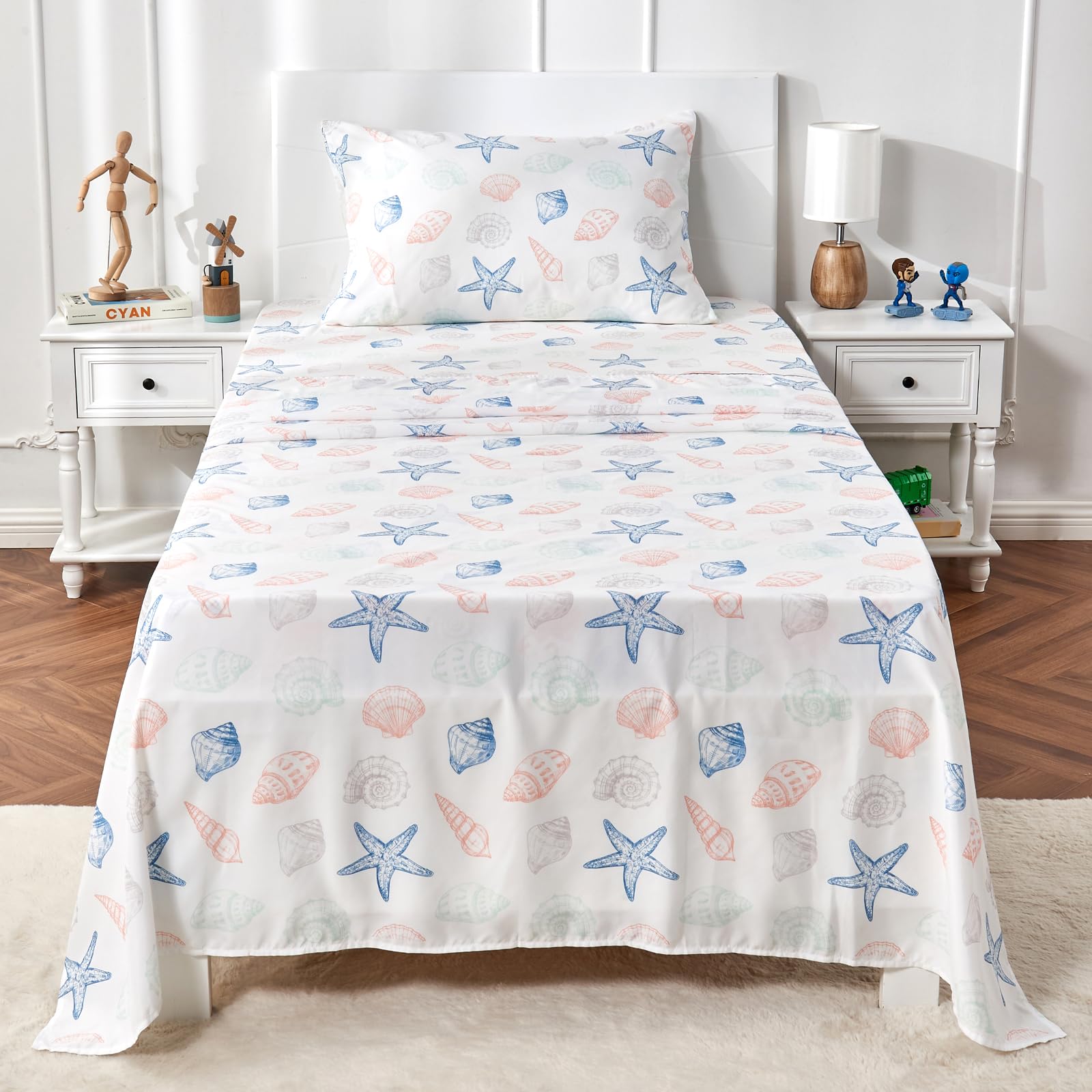 SPIRITUAL COZY Cartoon Twin Sheets for Kids - 3 Piece Cute 3D Beach Shell Printed Twin Sheet Set - 12 Inches Deep Pocket Breathable Boys and Girls Twin Sheets - Soft Kids Sheets with 1 Pillowcase