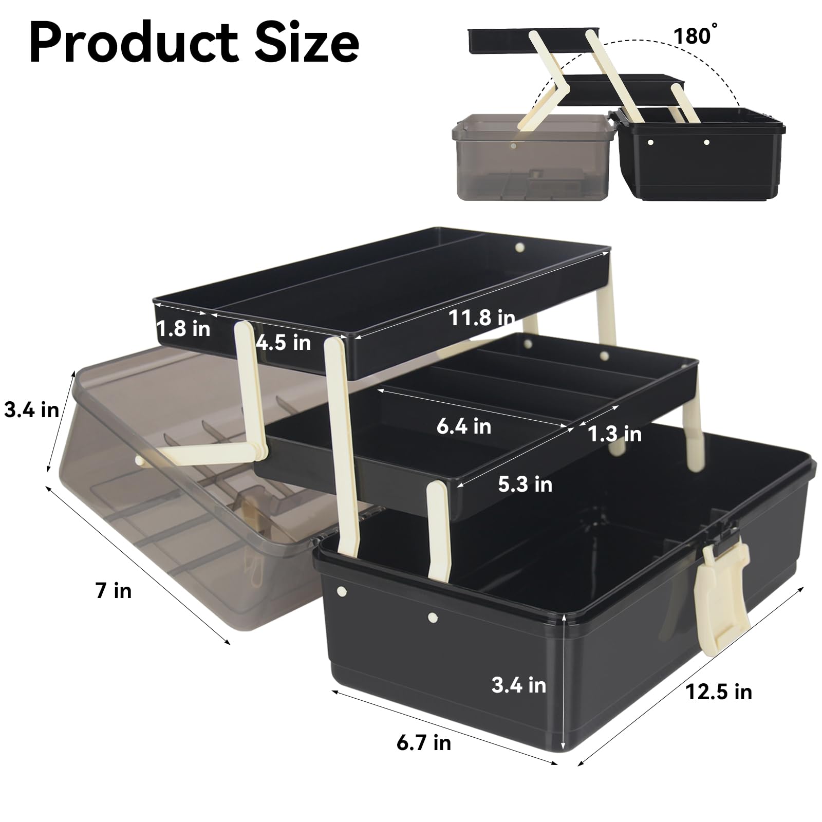 WEWLINE 13-Inch Art Storage Box 3-Layers Plastic Storage Box with Handle Craft Art Bin Portable for Home School Office Travel, Black