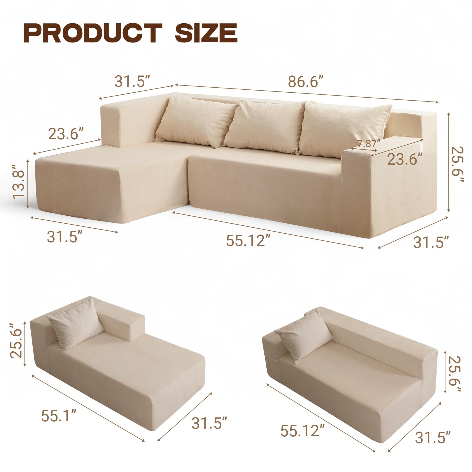 Rovibek Modular Sectional Sofa with Chaise, L-Shape Modern Minimalist Couch with 3 Pillows, Upholstered Sleeper for Living Room, Bedroom, Free Combination, Off White