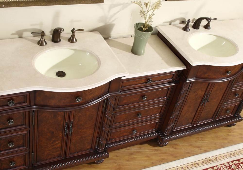Silkroad Exclusive HYP-0213-CM-UIC-90 Double Sink Bathroom Vanity with English Chestnut Finish Bath Cabinet, 90.25", Medium Wood