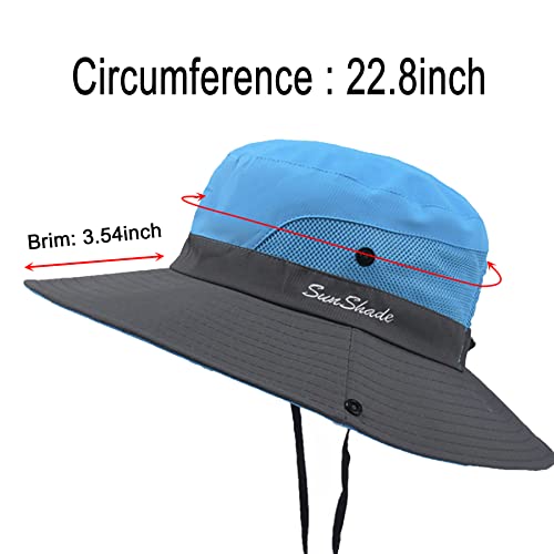 PFFY Ponytail Sun Hat for Women 3β Wide Brim UPF 50+ Bucket Fishing Beach Hats Grey