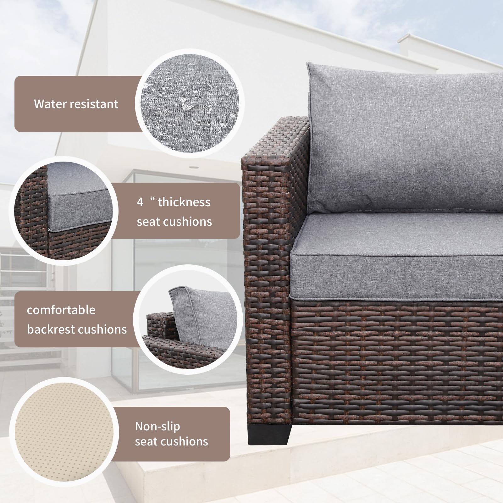 Valita Patio Rattan Furniture Set 4-Piece Outdoor PE Wicker Conversation Couch, Brown Sectional Sofa Couch with 50,000BTU Adjustable Fire Pit Table Non-Slip and Washable Gray Cushions