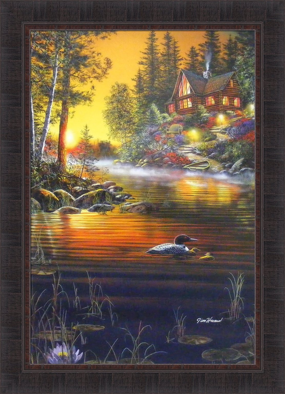 Garden Hideaway by Jim Hansel 24x33 Log Cabin Flowers Lake Loons Framed Art Print Picture