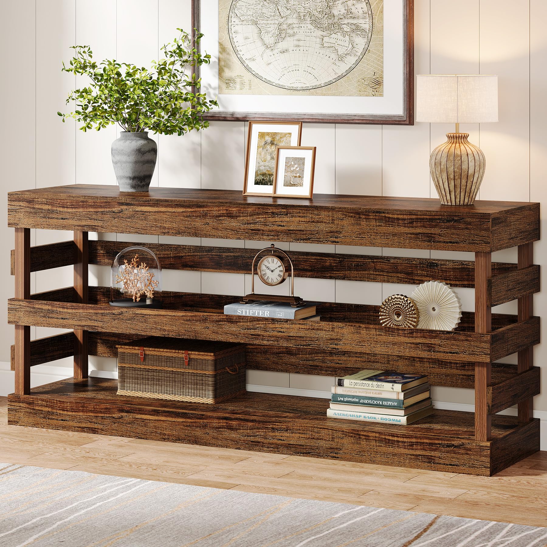 Tribesigns 70.9-Inch Extra Long Console Table, Farmhouse Entryway Table with 3-Tier Storage Shelf, Narrow Sofa Table Behind Couch, Wood Console Table for Living Room, Hallwahy, Foyer