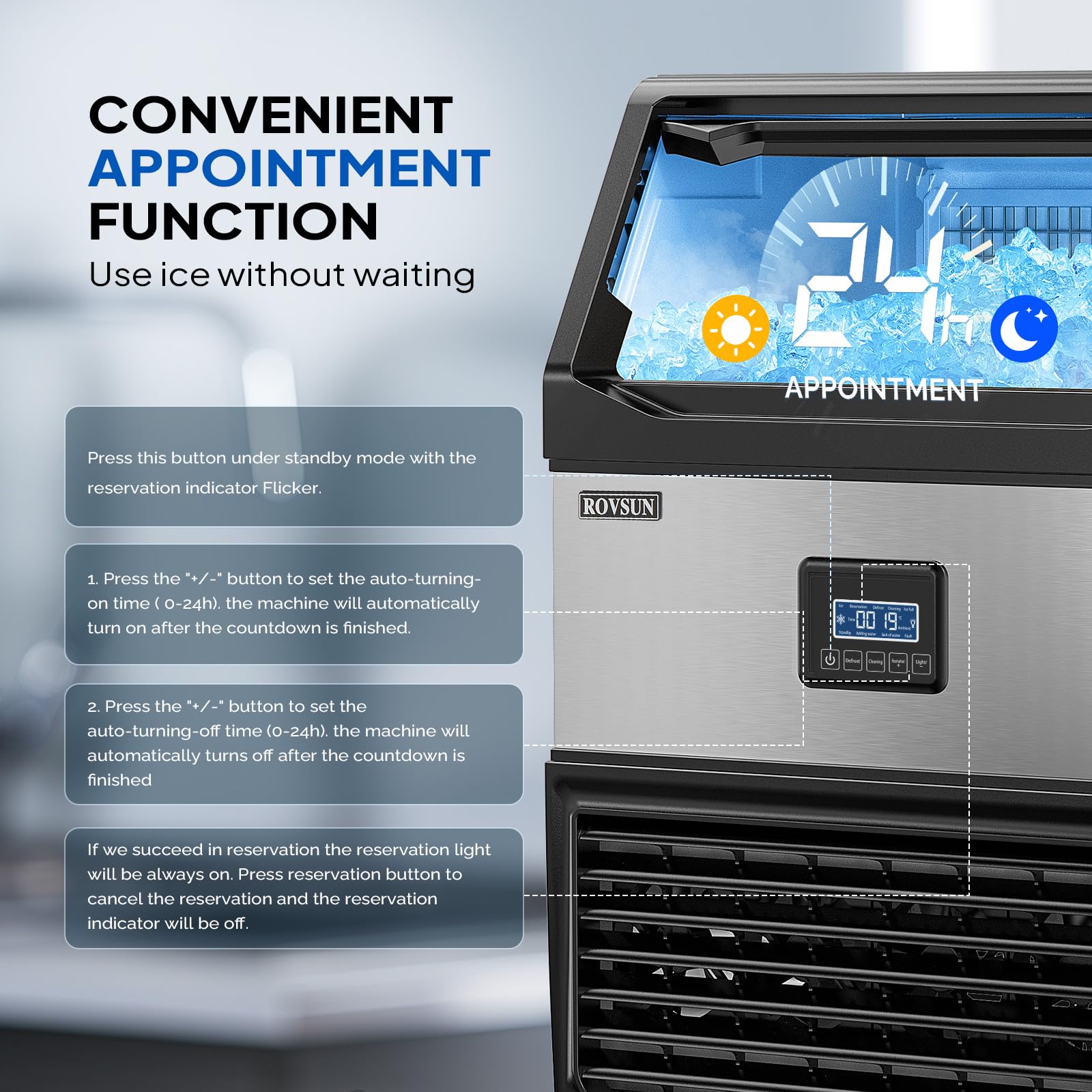 ROVSUN 360lbs/24h Commercial Ice Maker, Freestanding Ice Machine with LED Control Panel & 77lbs Storage Bin, Perfect for Restaurant Bar Cafe Home Office, Includes Scoop & Connection Hose