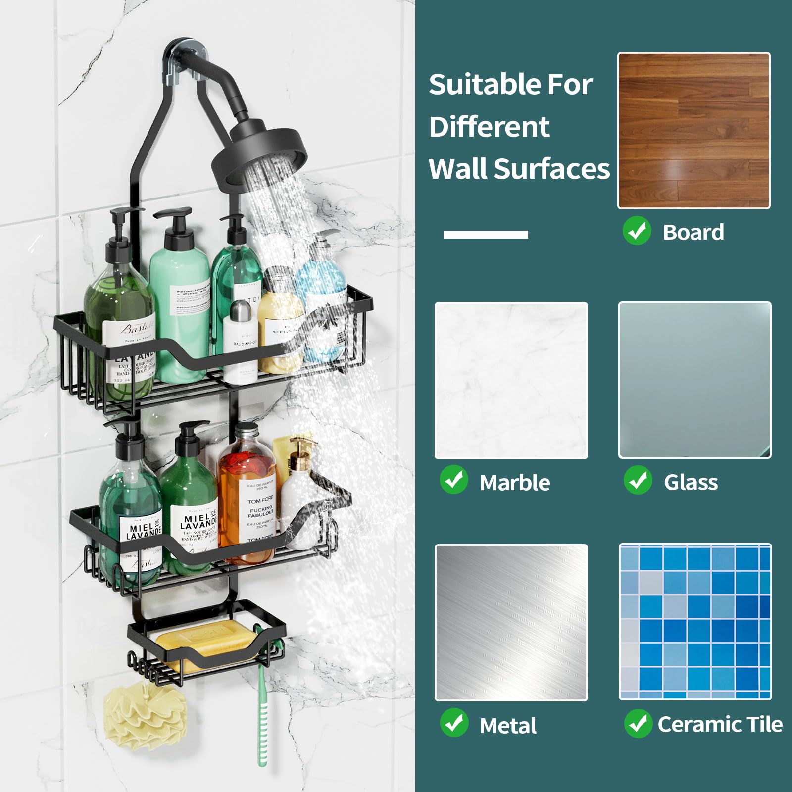 SILUB Shower Caddy Hanging, Anti-Swing Shower Caddy Over Shower Head with Toothbrush Holder, Hanging Bathroom Shelves with Hooks and Soap Holder, Rustproof Hanging Bathroom Organizer