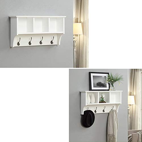 PIBM Stylish Simplicity Shelf Wall Mounted Floating Rack Wooden Wooden Storage Shelves Collection 4 Hooks/ 5 Hooks,2 Colors Avaliable, White , 85X35X18cm
