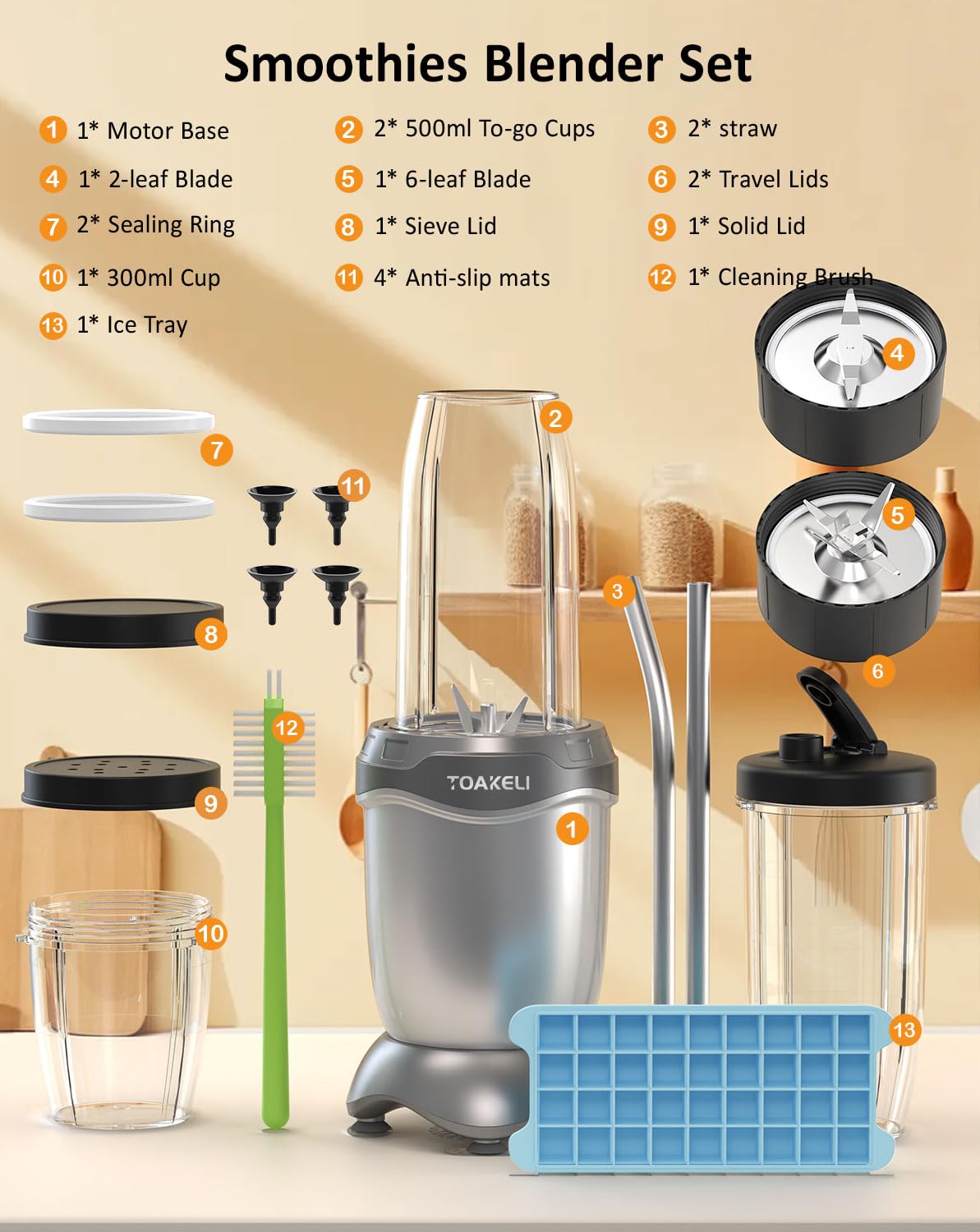 TOAKELI Smoothie Blender, 850 W Compact Personal Blender, Juice Blender Set Frozen Drinks, Shake, Sauces & More, 2 * 20 Oz To-Go Cups, 2*Spout-Lids, Silver