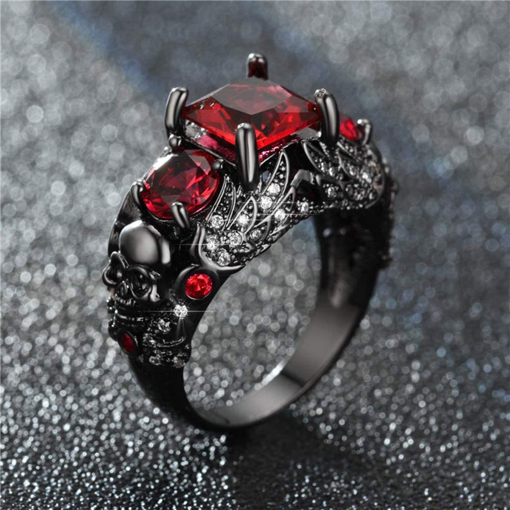 Gothic Jewelry Purple Red Black Crystal Unique Black Skull Rings for Women Halloween Christmas Gifts (Square-Red, 7)