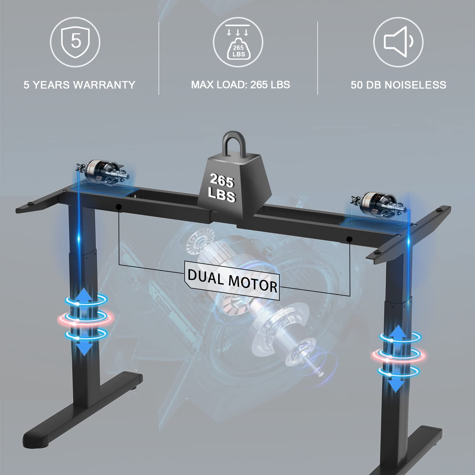 HAIAOJIA Height Adjustable Standing Desk Frame - Dual Motor Load 265lbs Electric Sit Stand Desk Stand Up Desk Heavy Duty 2-Stage Base for Home Office - Frame Only, Black