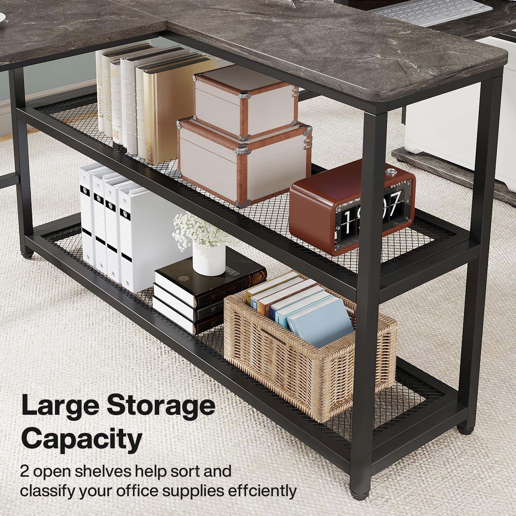 Tribesigns 94.5 inch Two Person Desk with Keyboard Tray, Extra Long Home Office Desk with Storage Shelves and Hooks, Double Computer Desk Workstation Study Table for Two People