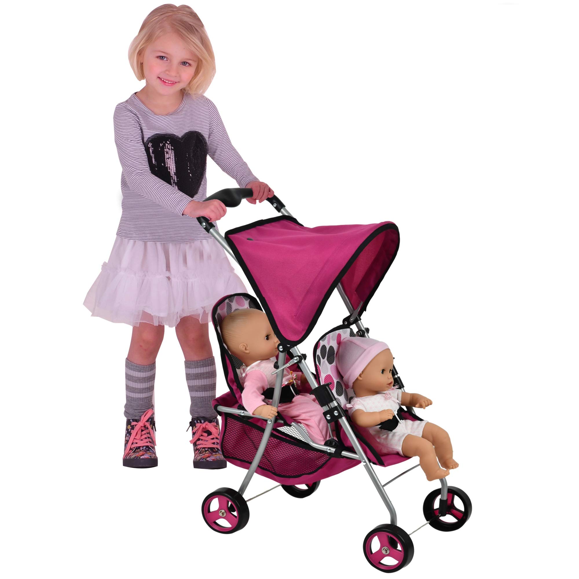 Hauck Pink Dot Doll Twin Stroller, Retractable Canopy, Easy to Fold for Storage and/or Travel, Fits Dolls up to 18"
