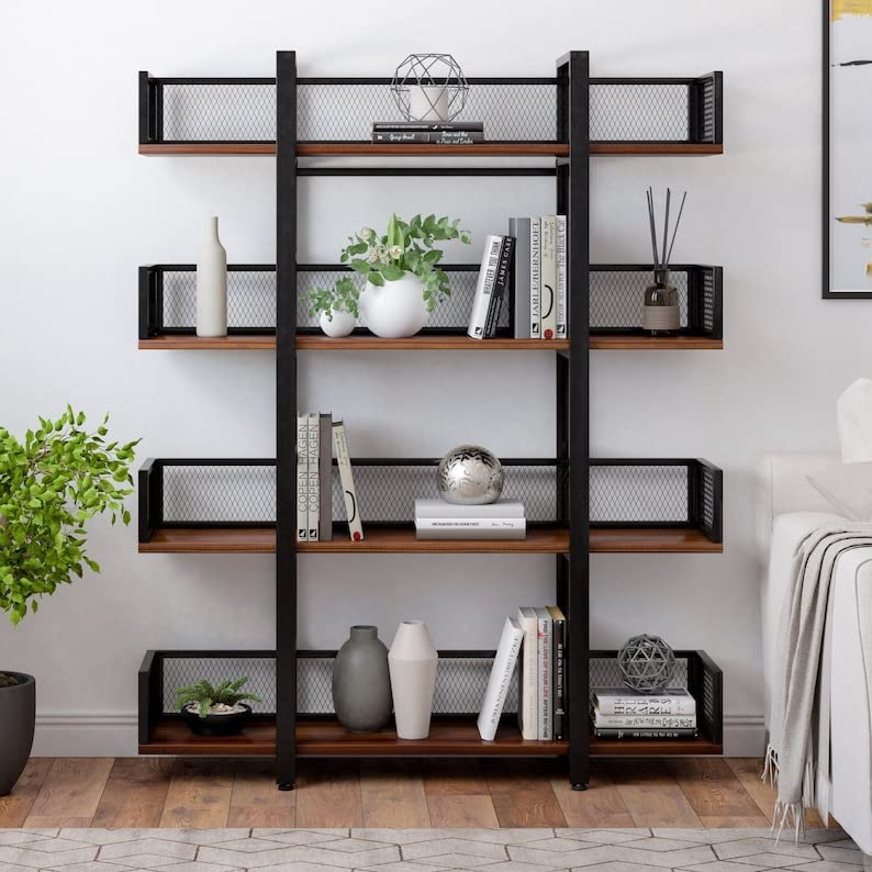 TODDLA 4 Tier Industrial Book Shelf, Solid Wood Bookcase, Rustic Book Case, Metal and Wood Book Shelf, Pine Wood Bookshelves, Real Wood Bookshelf