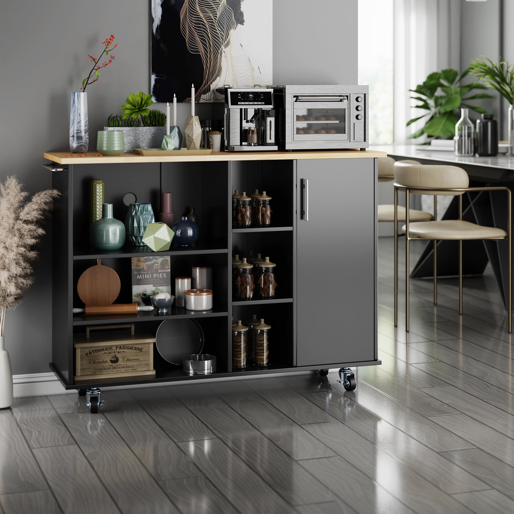 QAQA 48" Kitchen Island Cart Furniture cart on Wheels with Storage,Rolling Portable Dining Room Serving Utility Carts Mobile Movable with Drawers Cabinet,Black