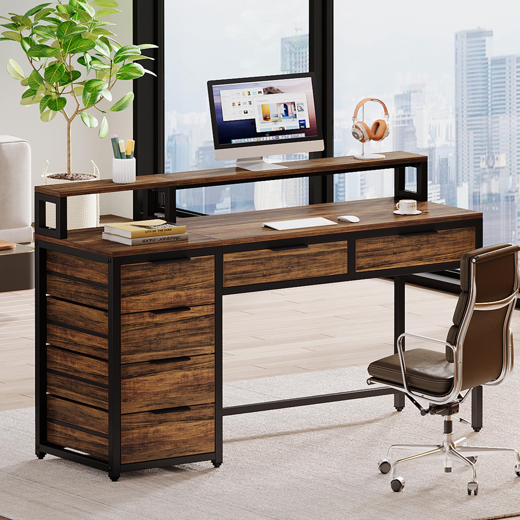 Tribesigns Computer Desk with 6 Drawers, 55-Inch Home Office Desk with Monitor Stand, Industrial PC Study Desk Writing Table Workstation for Home Office, Rustic Brown
