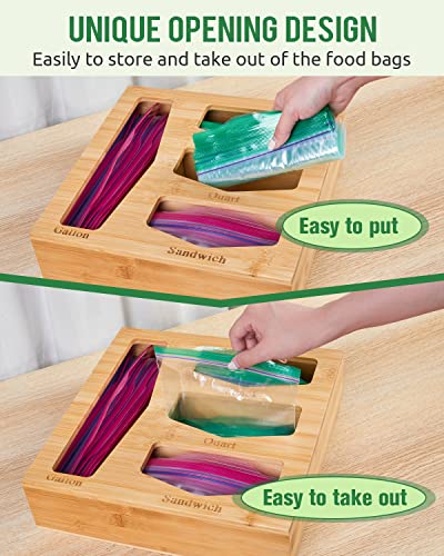 Ziplock Bag Storage Organizer for Kitchen Drawer, 4-in 1 Bamboo Food Baggie Holder, Compatible with Ziploc, Solimo, Glad, Hefty for Gallon, Quart, Sandwich, Snack & Freezer Gallon Variety Size Bag