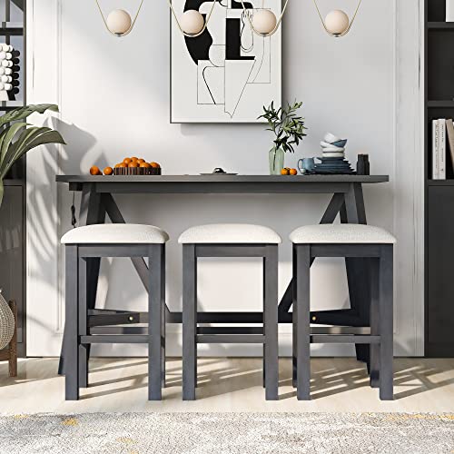 RuiSiSi 4 Piece Counter Height Bar Table Set Farmhouse Counter Height Dining Room Table Set with 3 Bar Stools, Gray
