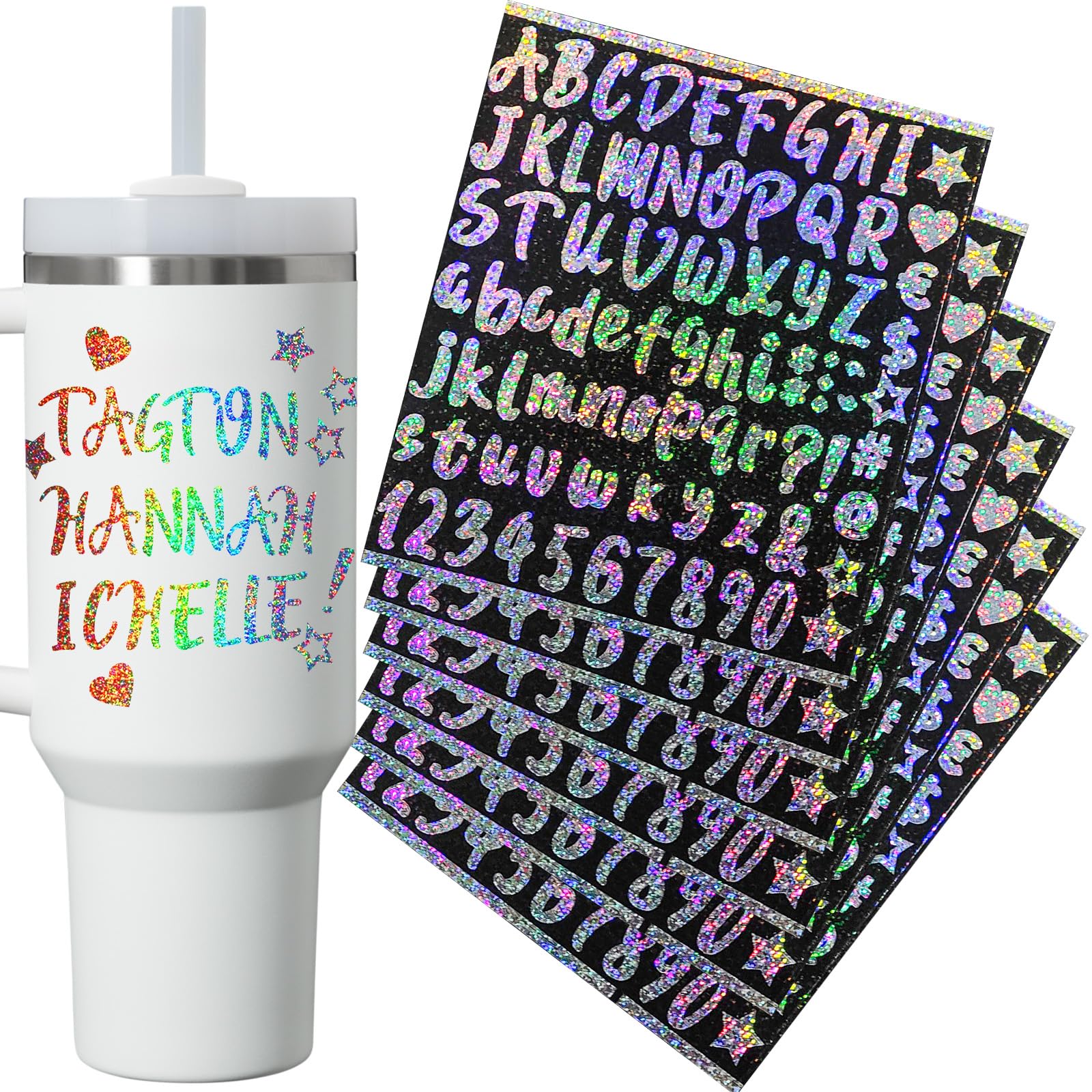 Vodolo Name Sticker for Stanley Cup,6 PCS Waterproof Personalized Letter Name Tags Logo Sticker Compatible with Stanley Tumbler 30 40 Oz Topper Lid Accessories,Lettering Water Bottle Stickers