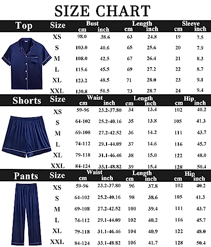 SWOMOG Women's 3 Pcs Pajamas Sets Silk Satin Sleepwear Button Down Loungewear Short Sleeve Shirt Pjs Navy Blue