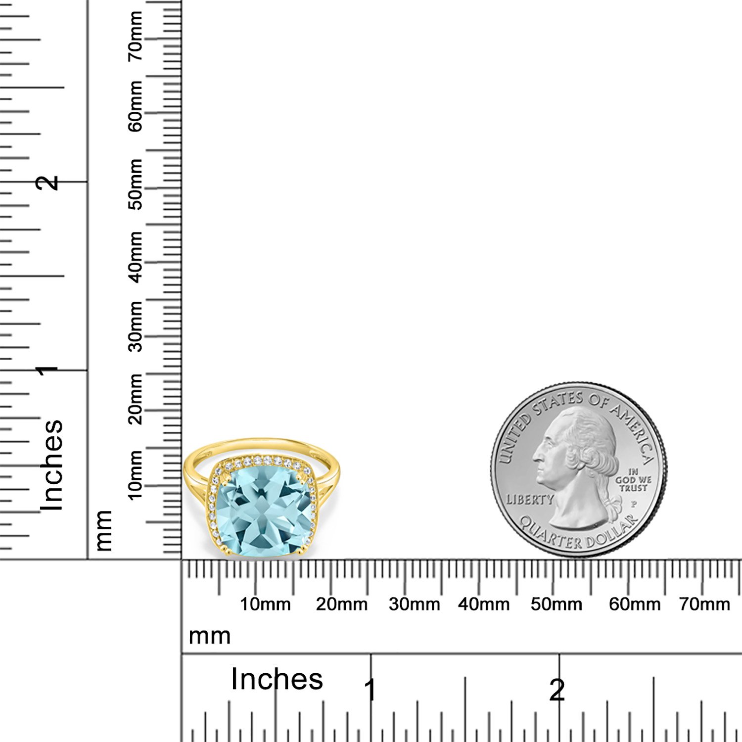 Gem Stone King 10K Yellow Gold Sky Blue Topaz and White Created Sapphire Ring For Women (8.54 Cttw, Cushion 12MM, Gemstone Birthstone, Available In Size 5, 6, 7, 8, 9)