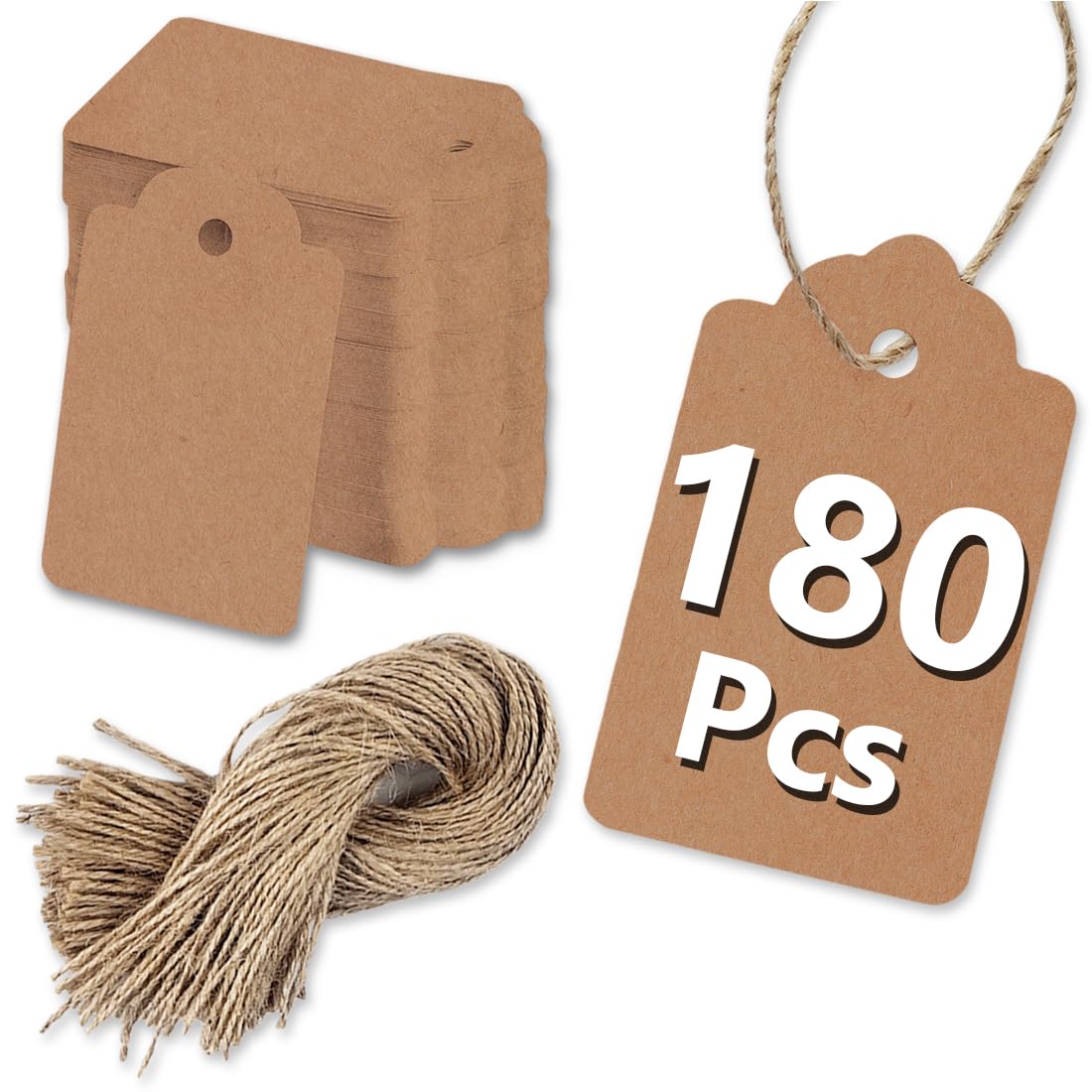 PH PERKHOMY 180 Pcs Kraft Paper Gift Tags with String, Blank Price Tags Gift Bag Hang Tags for Labeling Crafts Wedding Christmas Presents Halloween, Brown