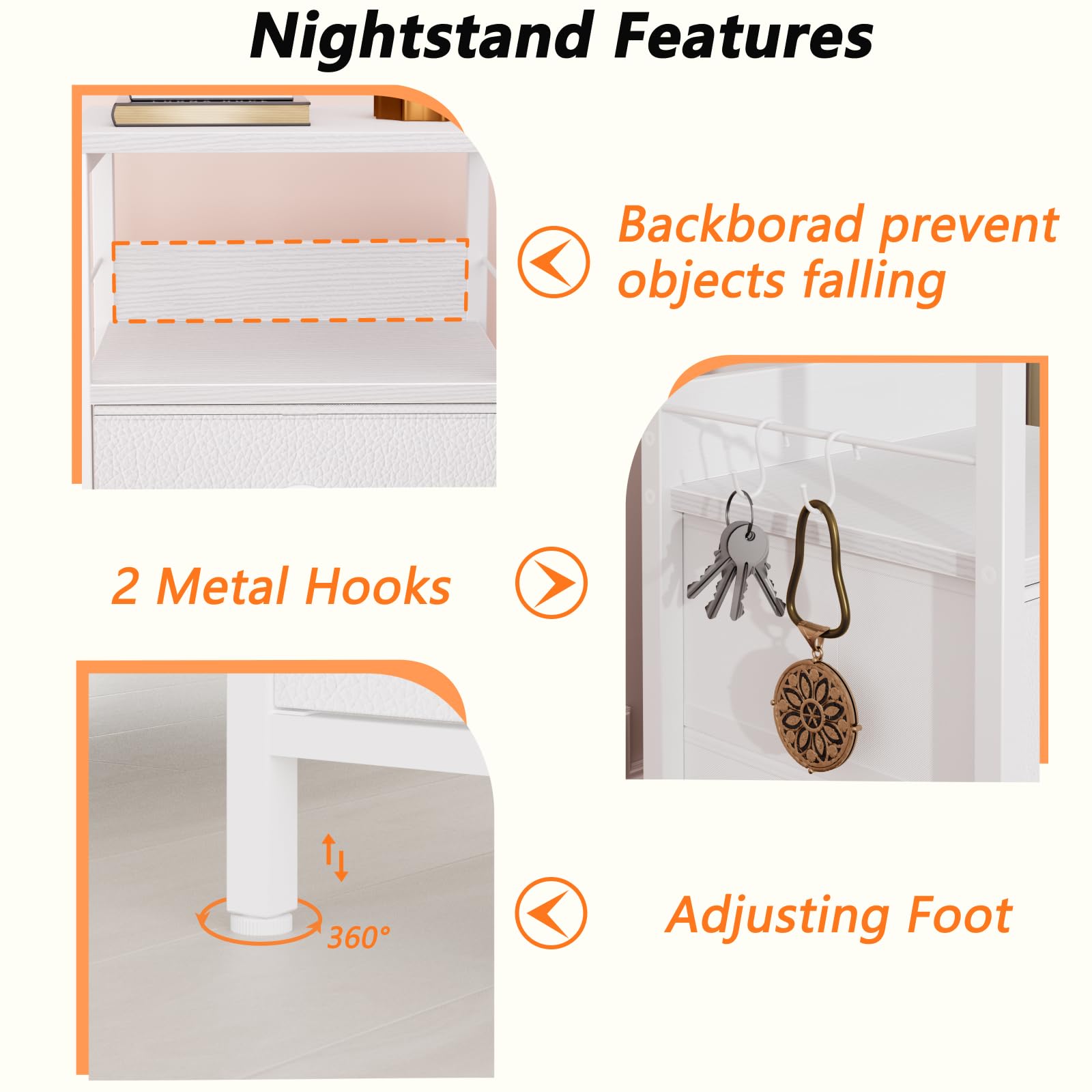 Furologee Nightstands Set 2, End Table with 2 Fabric Drawers, Bedside Table with 2 Hooks, Open Wood Shelf Side Sofa Table for Bedroom/Living Room/Hallway/White