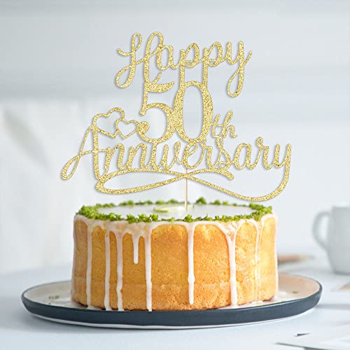 Sleyberoy Glitter Happy 50th Anniversary Cake Toppers -Wedding Anniversary Party Decorations, 50th Wedding Anniversary, Company Anniversary Party, Birthday Party Decorations (50thGold)(Fifty)