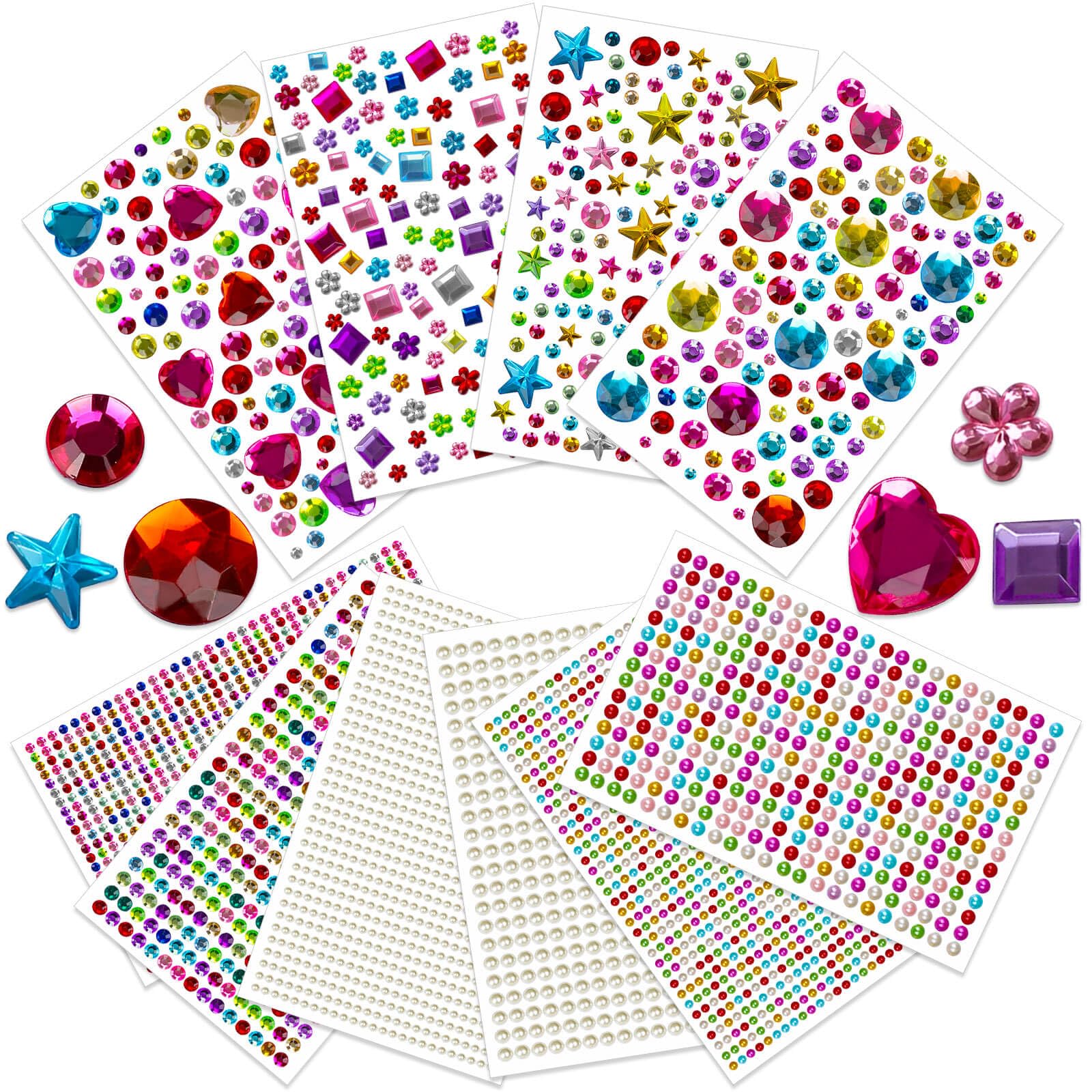 ROADPLUM 4100Pcs Gem Stickers for Crafts, 10 Sheets Self Adhesive Gemstones Pearl Jewels Stickers for Kids Crafts, Stick on Gems Pearls for Hair, Bling Rhinestone Stickers for Decoration