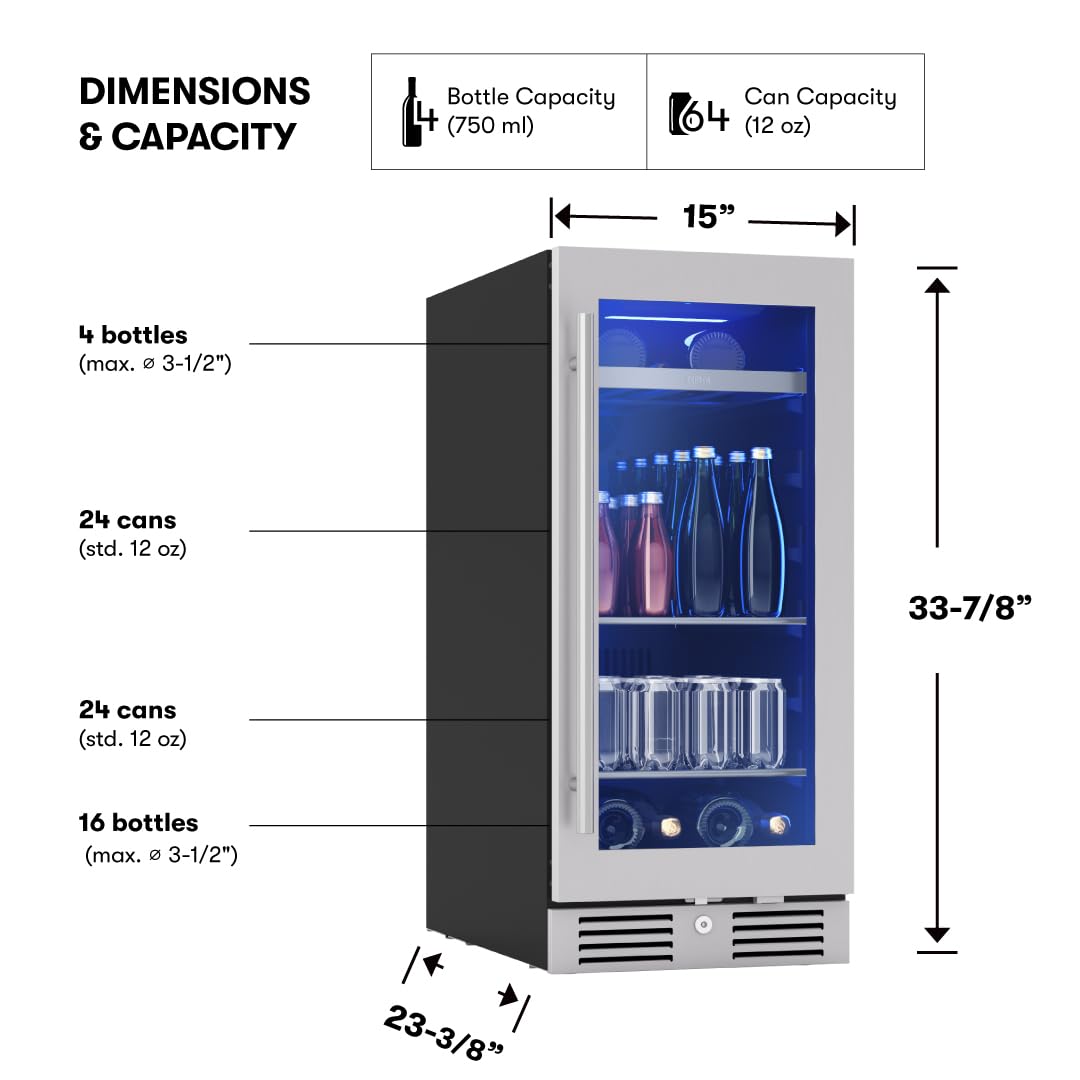Zephyr Presrv 15" Slim Wine Fridge & Beverage Refrigerator Single Zone Under Counter - Narrow Mini Wine Cooler Small Beer Cabinet Drink Chiller Freestanding with Glass Door, 4 bottles, 64 cans