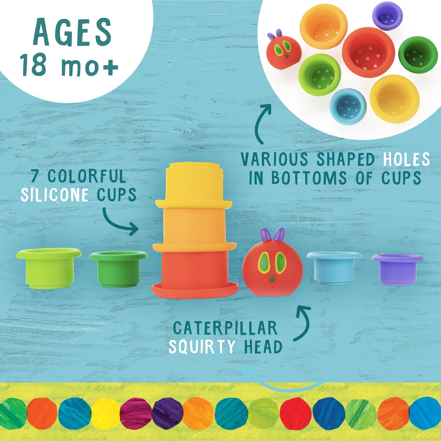 Kids Preferred World of Eric Carle The Very Hungry Caterpillar Bath Time Silicone Stacking Cup Set with Caterpillar Head Squirty Perfect for Water Play Ages 18 Months and Up