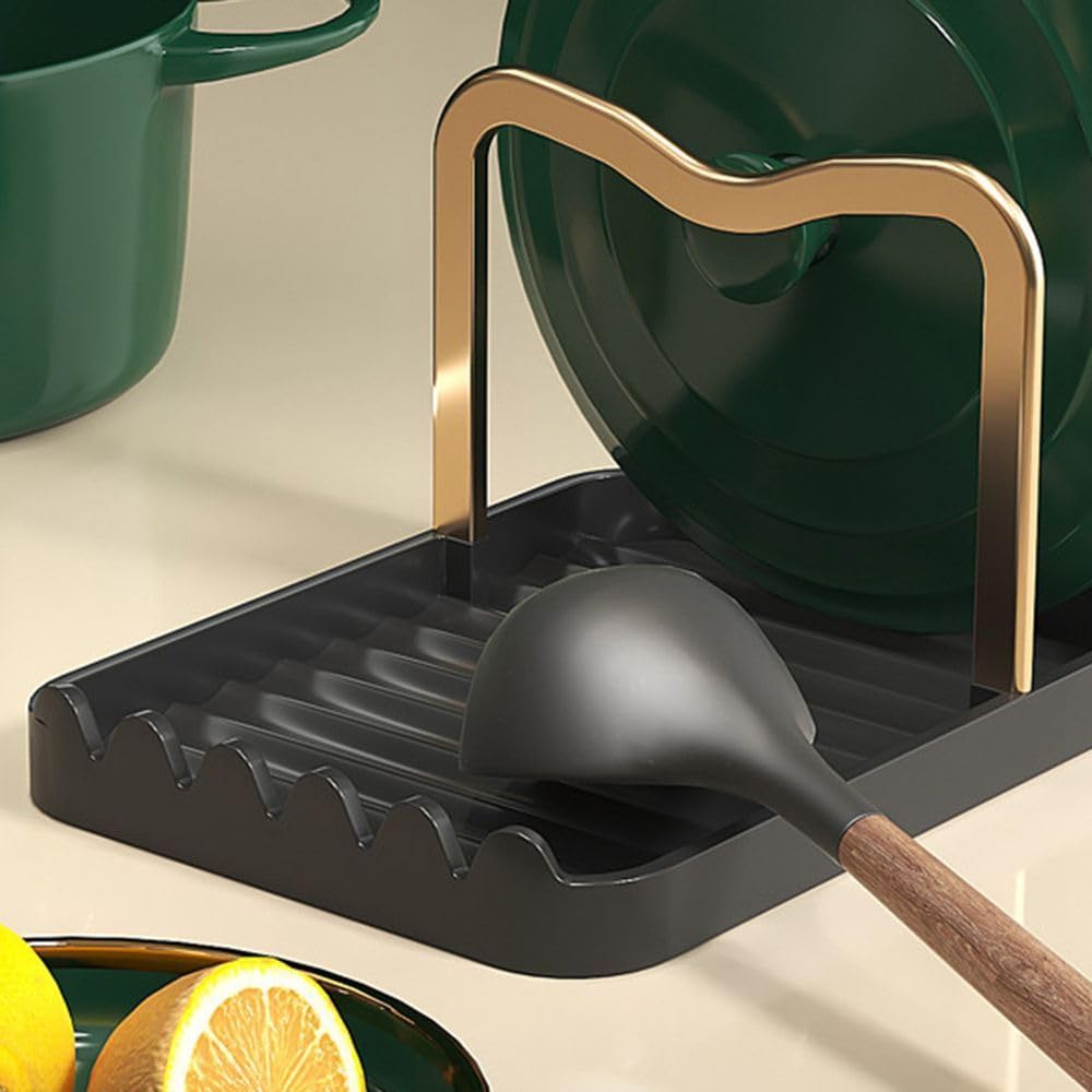 Spoon Rest For Kitchen Counter, Spoon Holder With Drip Pad For Multiple Utensils, Heat-Resistant Pot Lid Holder(white&gold)