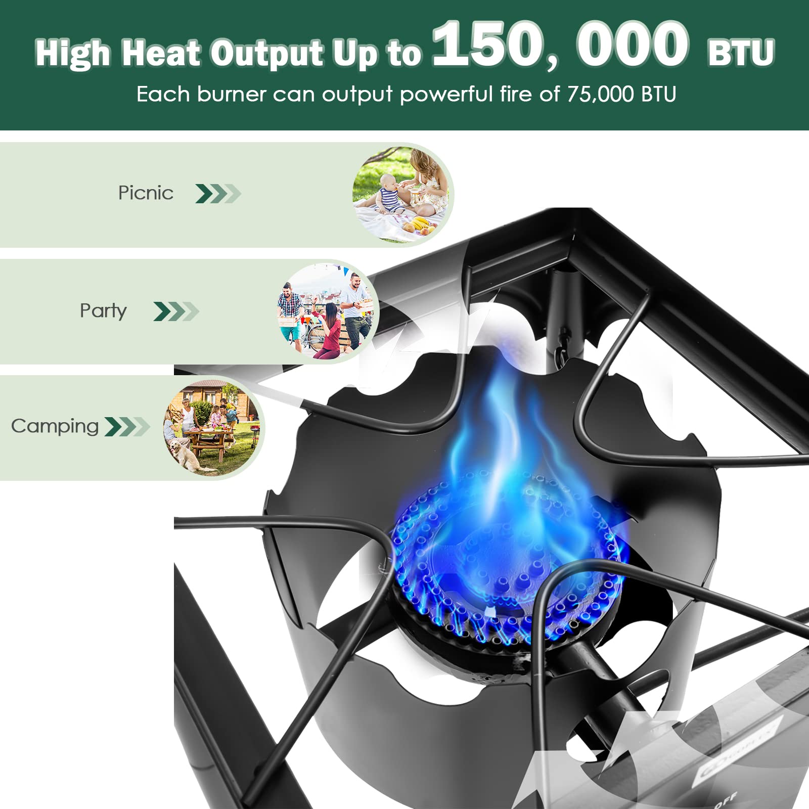Goplus Outdoor Camping Stove, Dual Burner Propane Gas Cooker w/Detachable Legs & 0-20 PSI Regulator & CSA Approval for Camp Paito RV, Cast Iron, 150,000-BTU