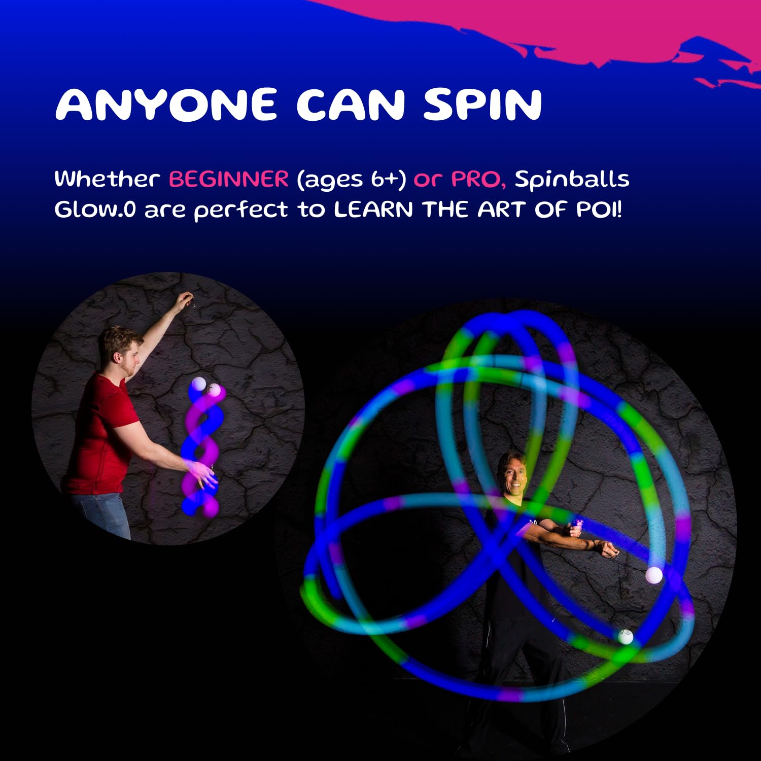 SPIN BALLS Glow.0 LED Poi Balls Glow β USB Rechargeable with 22 Vibrant Color Light Modes & Patterns β Durable, Soft-Core LED Poi Spinning Balls with Adjustable Leashes & Double-Loop Handles